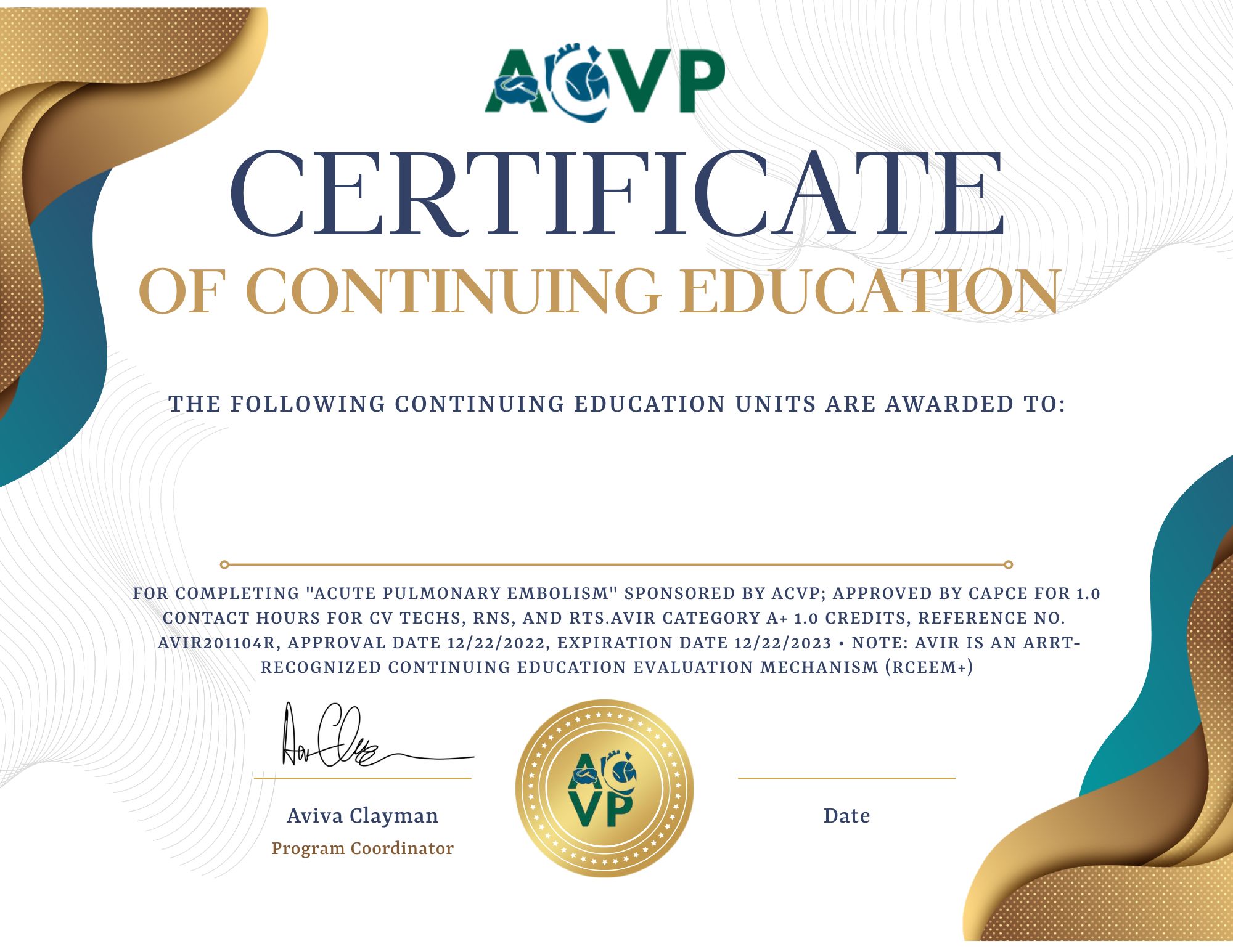 Acute Pulmonary Embolism Certificate » ACVP Online